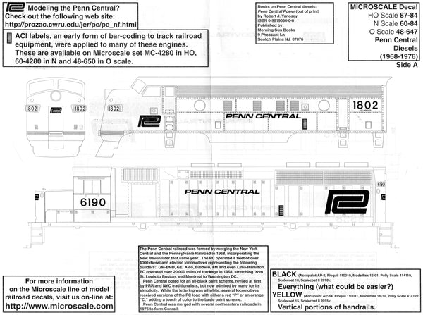 HO Scale Microscale 87-84 Penn Central PC Diesel Locomotives Decal Set ...